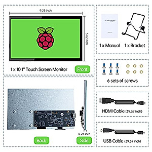 HAMTYSAN Raspberry Pi Screen, 10.1 Inch Touchscreen Monitor 1024x600 Small HDMI Monitor w/Stand, IPS LDC Screen Display for Raspberry Pi 400/4/3/2/Zero/B/B+ Jetson Nano Win11/10/8/7