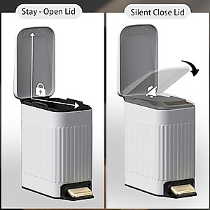 CEROELDA Small Bathroom Trash Can with Plastic Lid, 6L/1.6 Gal Stainless Steel Slim Garbage Can-Metal Wastebasket-Rectangle Pedal Step Trash Bin -for Narrow Kitchen Bedroom Office Toilet-White