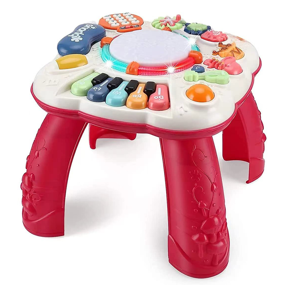 Dahuniu Baby Toys 6 to 12 Months, Learning Musical Table, Activity Table for 1 2 3 Years Old, 11.8 x 11.8 x 12.2 inches (Red)