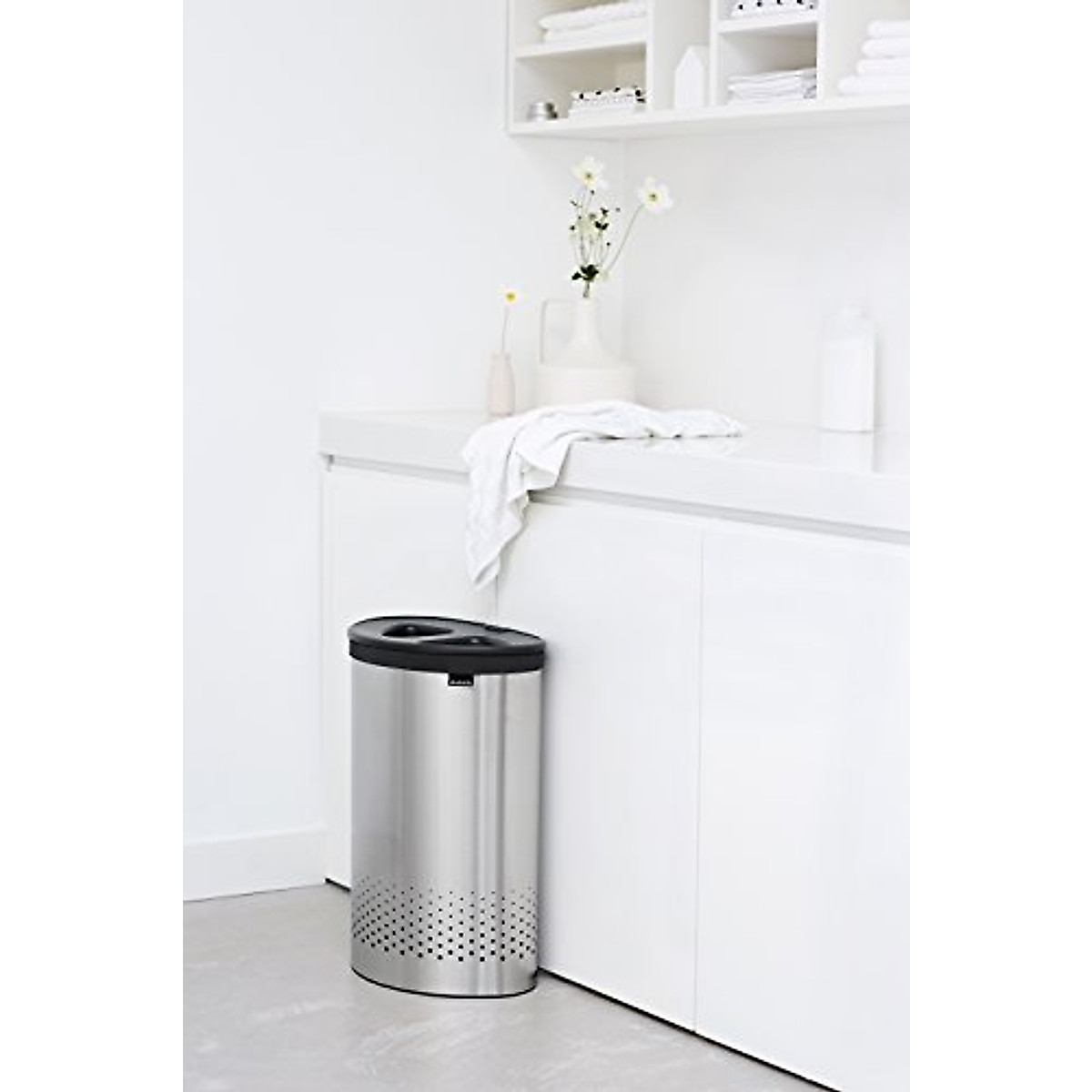 Brabantia Large Laundry Hamper (Matt Steel) Bathroom Bedroom Dirty Clothes Basket with 2 Sections, Inner Laundry Bags, Discrete Lid - 14.5 Gal