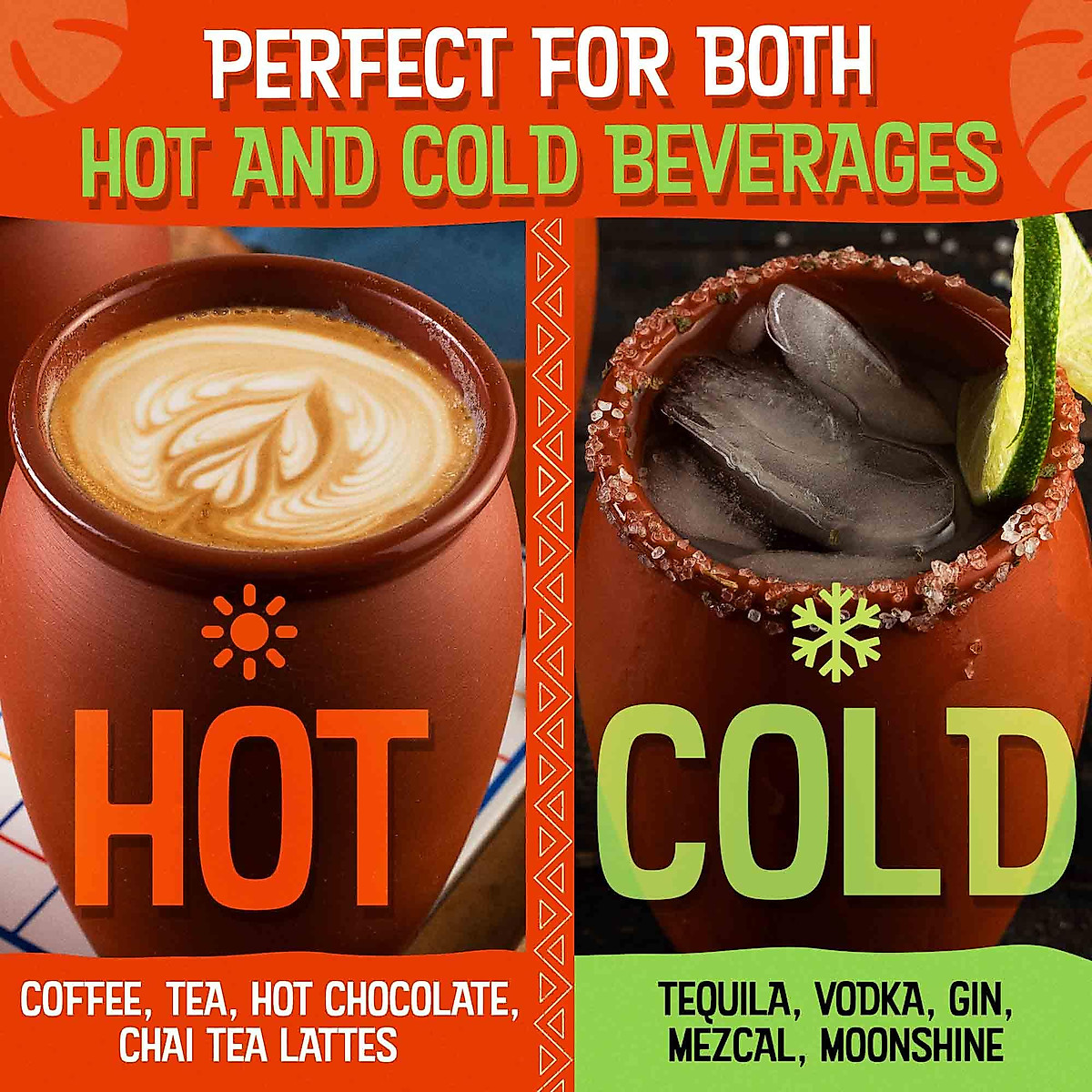 CANTAREY - 12oz Clay Cups for Tequila, Margaritas, Mojitos and More, Cantaritos de Barro Mexicanos, Natural Clay Margarita Glasses, Taco Tuesday Tazas de Barro, Set of 2