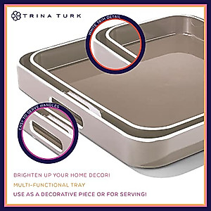 Trina Turk Set of 2 Sand Dune Square Melamine Serving Tray with White Rim and Handles- Indoor & Outdoor Platter for Home Entertaining, Cocktail Hour, Snack, Barware, Perfume {Large 14x14, Small 13x13}