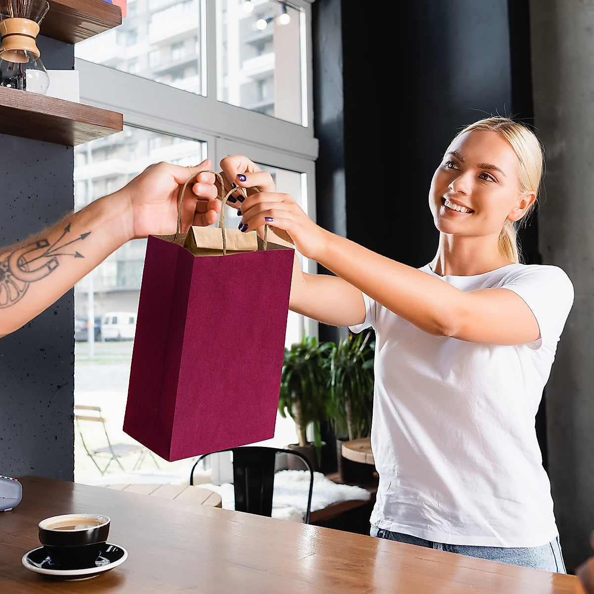 Prime Line Packaging 8x4x10 100 Pack Small Pink Bags with Handles, Kraft Paper Gift Bags, Burgundy Shopping Bags for Small Business Thank You & Goody Bags Bulk