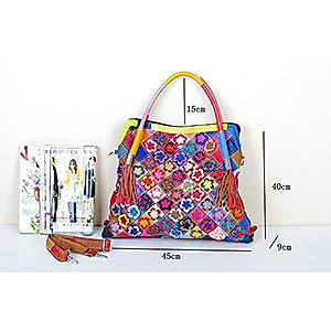 Downupdown Women Handbags Genuine Leather Tote Bag 3D-Flower Shoulder Bag Multicolor Splice Totes Satchel Purse with Tassels