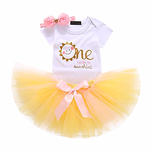 IBTOM CASTLE Baby Girls 1st Birthday Cake Smash 3pcs Outfits Set Cotton Romper bodysuit+Tutu Dress+Flower Headband Princess Skirt Clothes Yellow smile Sun One Size