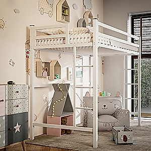 IKIFLY Junior Metal Twin Loft Bed Frame/Two Build-in Ladders & Safety Guard Rail - for Adults/Teens - Easy Assembly, Space-Saving Design - White