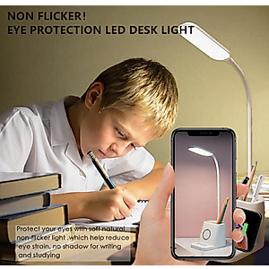 Small Desk Lamp with Wireless Charger, Desk Lights for Home Office - LED, White,Brightness Adjustment, 3 Color Modes,500LM, Study Lamp with Pen Holder， Desktop Study Desk Lamp for College Dorm Room