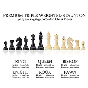 A&A Premium Triple Weighted Staunton Wooden Chess Pieces w/ 2 Extra Queen - King Height 3" / 7.6cm / 2 Storage Bags