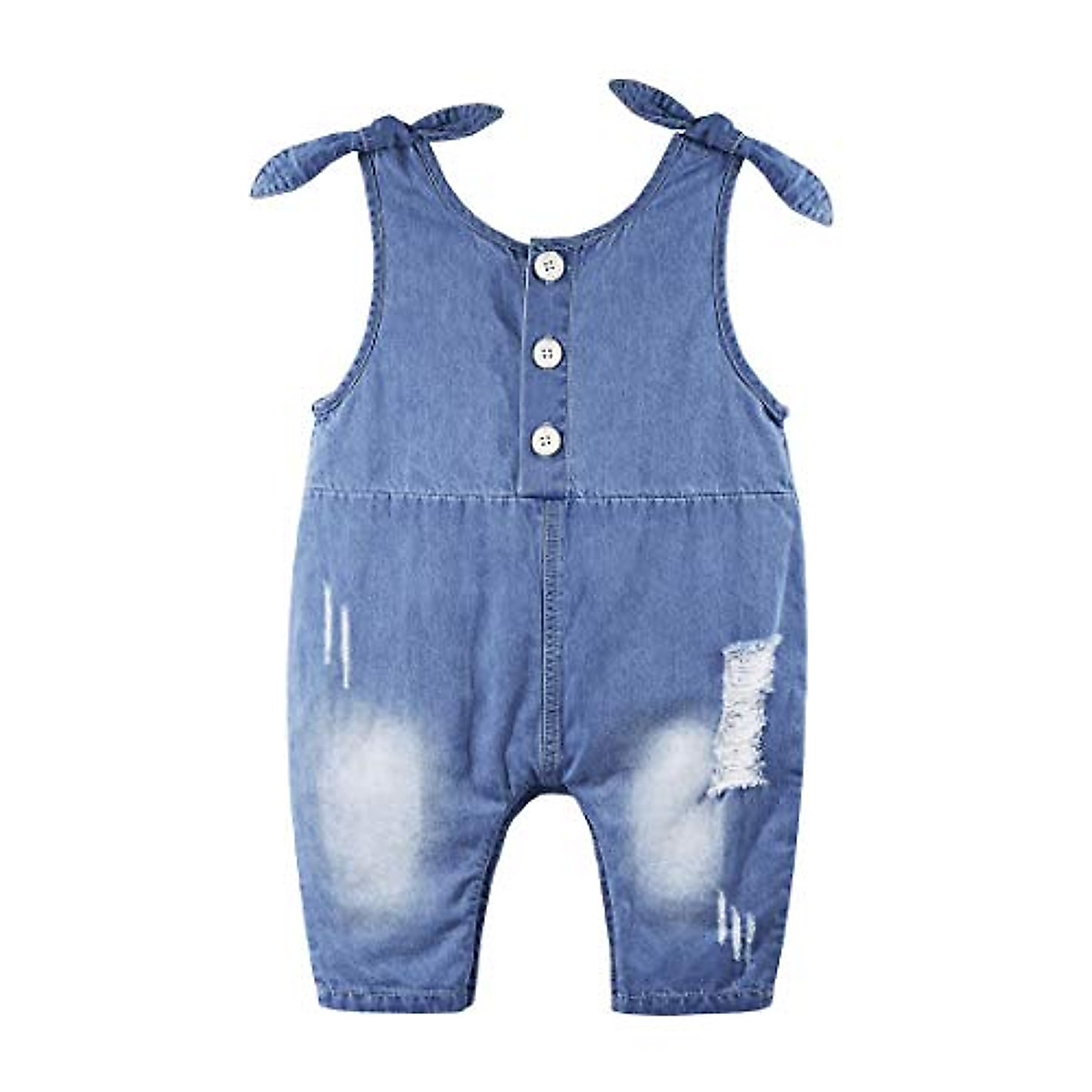 KIDSCOOL SPACE Baby Girls Big Bib Pocket Ripped Bowknot Decor Jeans Coveralls,Blue,3-6 Months