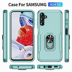 Samsung Galaxy A14 5G Case with Screen Protector, Military Grade Dual Layer Shockproof Heavy Duty Shockproof Full Body Protective Phone Cover, Built in Rotatable Magnetic Ring Holder for A14 (Green)