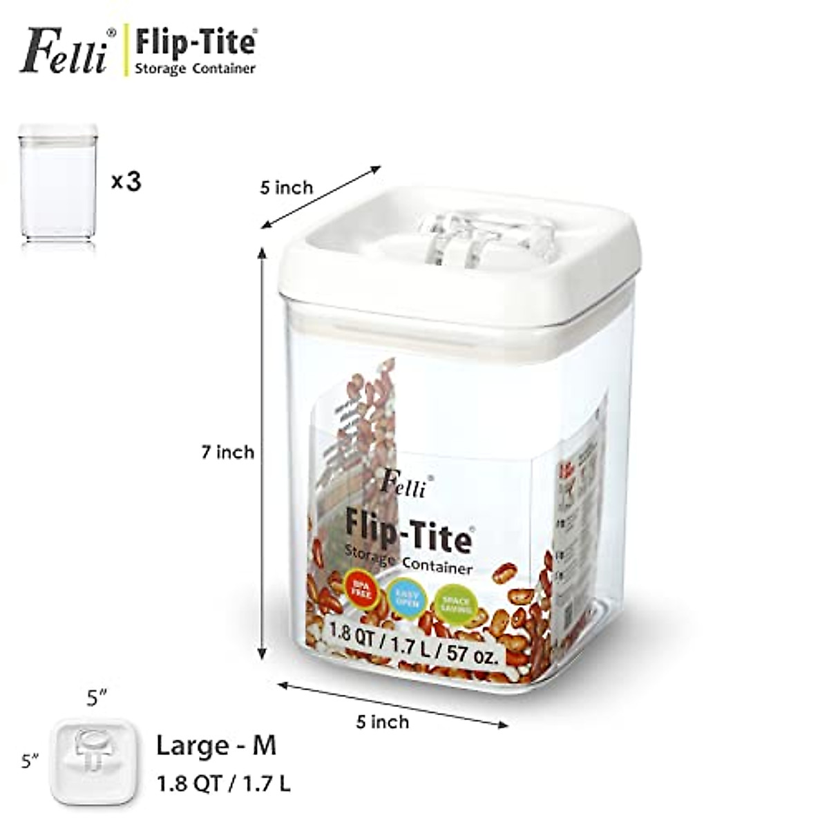 Felli Flip Tite LARGE Acrylic Food Storage Container 3PC Baking Set with 5” Air tight Seal Lid Easy Lock Square, Kitchen Pantry Organization Plastic Canister Jar Organizing Rice Flour Sugar Protein Powder Oat Dog Treat Organizer, Gift for Women (1.8qt, Wh