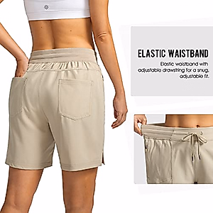 Soothfeel Women's Hiking Cargo Shorts with 4 Pockets 7 Inch Long Quick Dry Athletic Golf Shorts for Women Casual Summer (Khaki, Large)