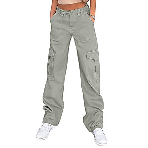 Womens Fall Fashion 2023 High Waisted Cargo Pants Wide Leg Teen Girls Pants Combat Military Trouser Silver Gray