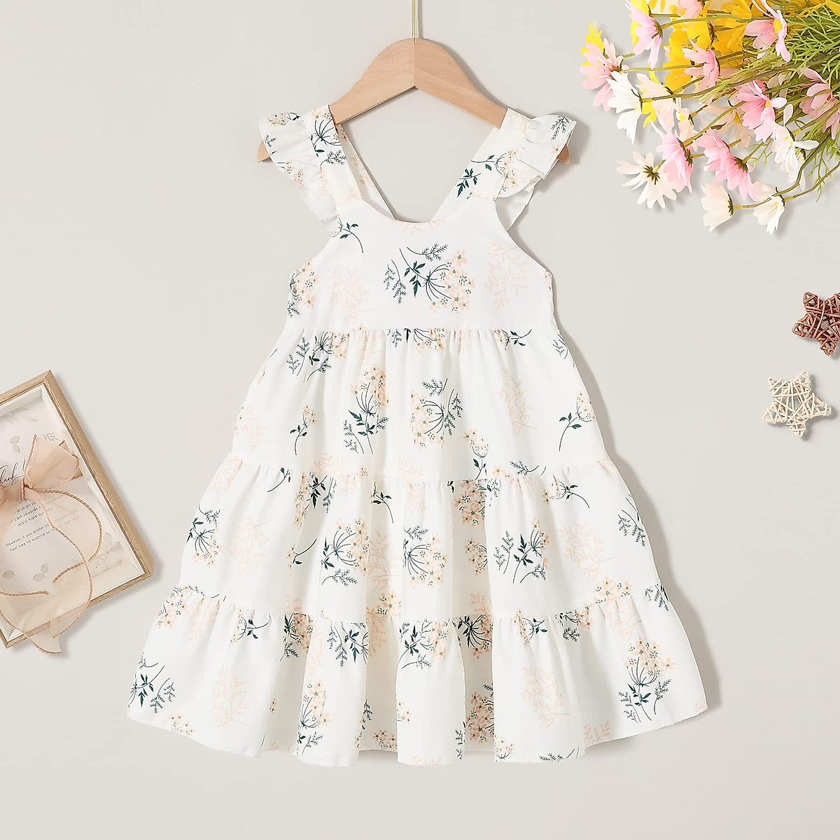 YOUNGER TREE Toddler Baby Girls Infant Clothes Floral Flutter Sleeve Princess Dress Summer Cotton Line Skirts for Girls(4-5T,White Floral)