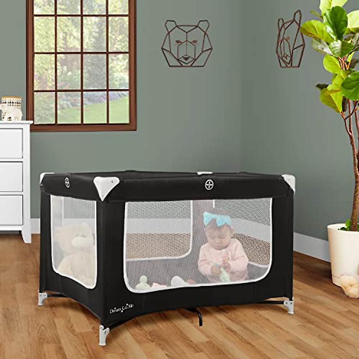 Dream On Me Zodiak Portable Playard in Black, Lightweight, Packable and Easy Setup Baby Playard, Breathable Mesh Sides and Soft Fabric - Comes with a Removable Padded Mat