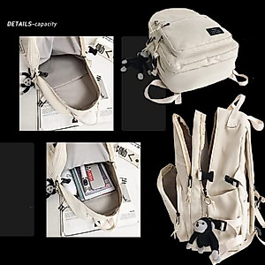 HIQUAY Large Backpack BasicRucksack for Teen Girls Aesthetic Student Bookbags with Pendant and Lots of Pockets for School (Off-White)