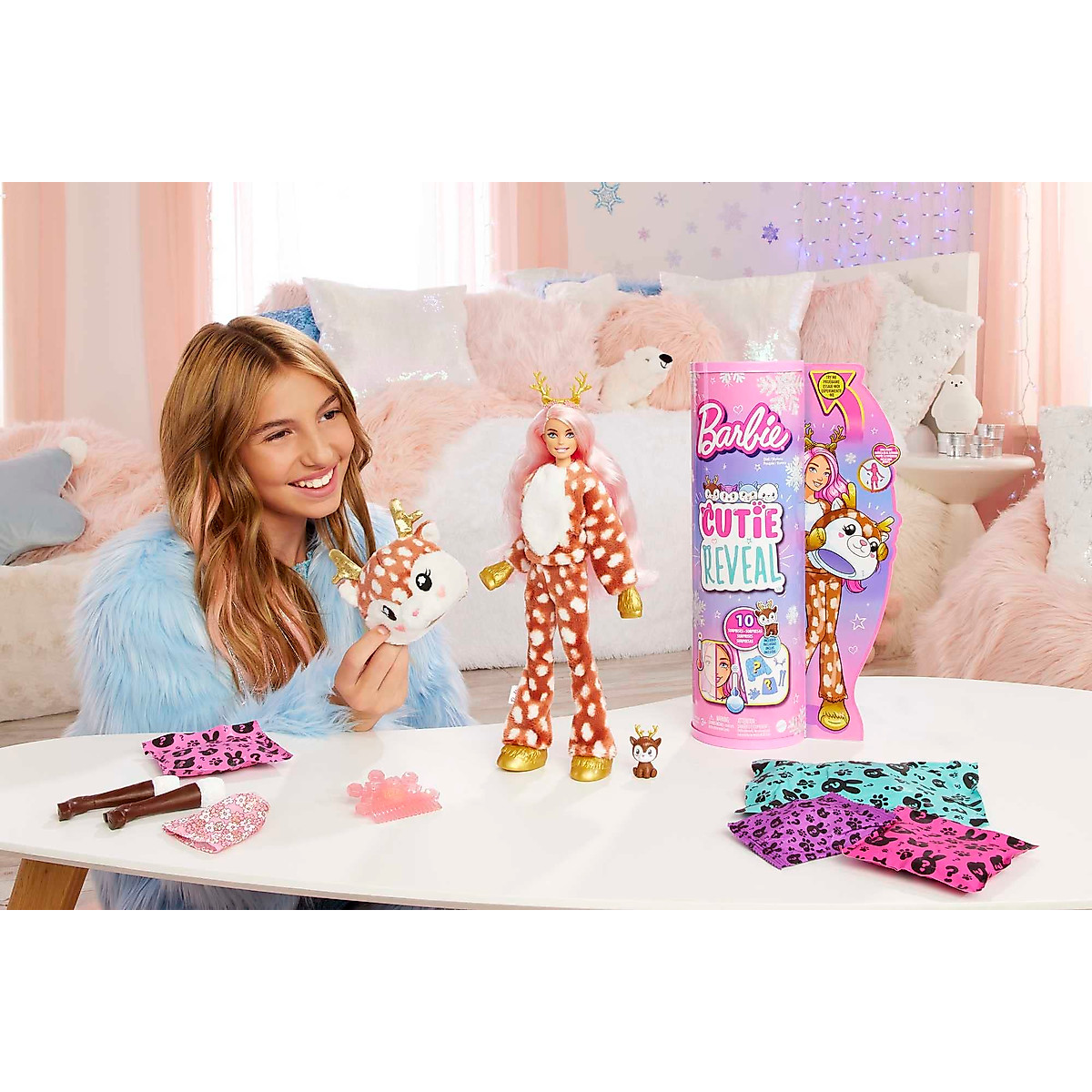 Barbie Cutie Reveal Doll, Snowflake Sparkle Series Deer Plush Costume, 10 Surprises Including Mini Pet & Color Change