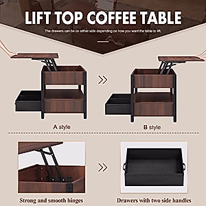 Winkalon Coffee Table, Lift Top Coffee Table with Storage Shelf and Pop up Adjustable Lift Tabletop, 41.7" Wood Coffee Tables for Living Room with 2 Drawers and Hidden Compartment(Espresso Coffee)