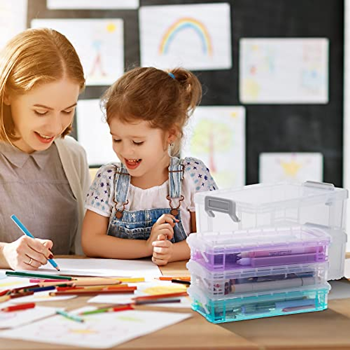 LABUK 5 Pack Plastic Pencil Boxes, Mixed Size Storage Boxes with Lids Stackable Clear Organizer Containers for Stationery Toys Crafts Storage, School Office Supplies