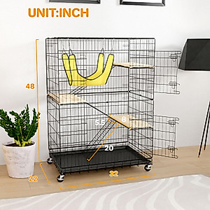 Collapsible Cat Cage, 4-Tier 48 Inches Metal Large Cat Kennel Ferret Enclosure Chinchilla Cage with 360° Rotating Casters/Ramp/Ladders/Hammock for Indoor/Outdoor Kitten