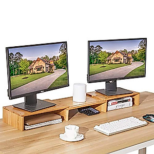 Dual Monitor Stand Riser,3 Shelf Screen Stand with Adjustable Length and Angle,Desktop Stand Storage Organizer for Laptop Computer, TV, PC, Printer, Multi Media Speaker-Bamboo Burlywood by HUVIBE