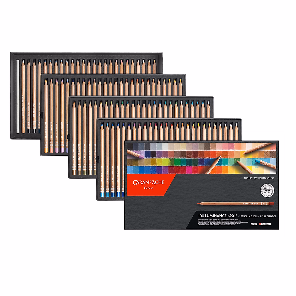 Caran d'Ache Luminance 6901 Box of 100 Individual Coloured, Artists, Colour Coded Pencils & 1 Full & 1 Pencil Blender