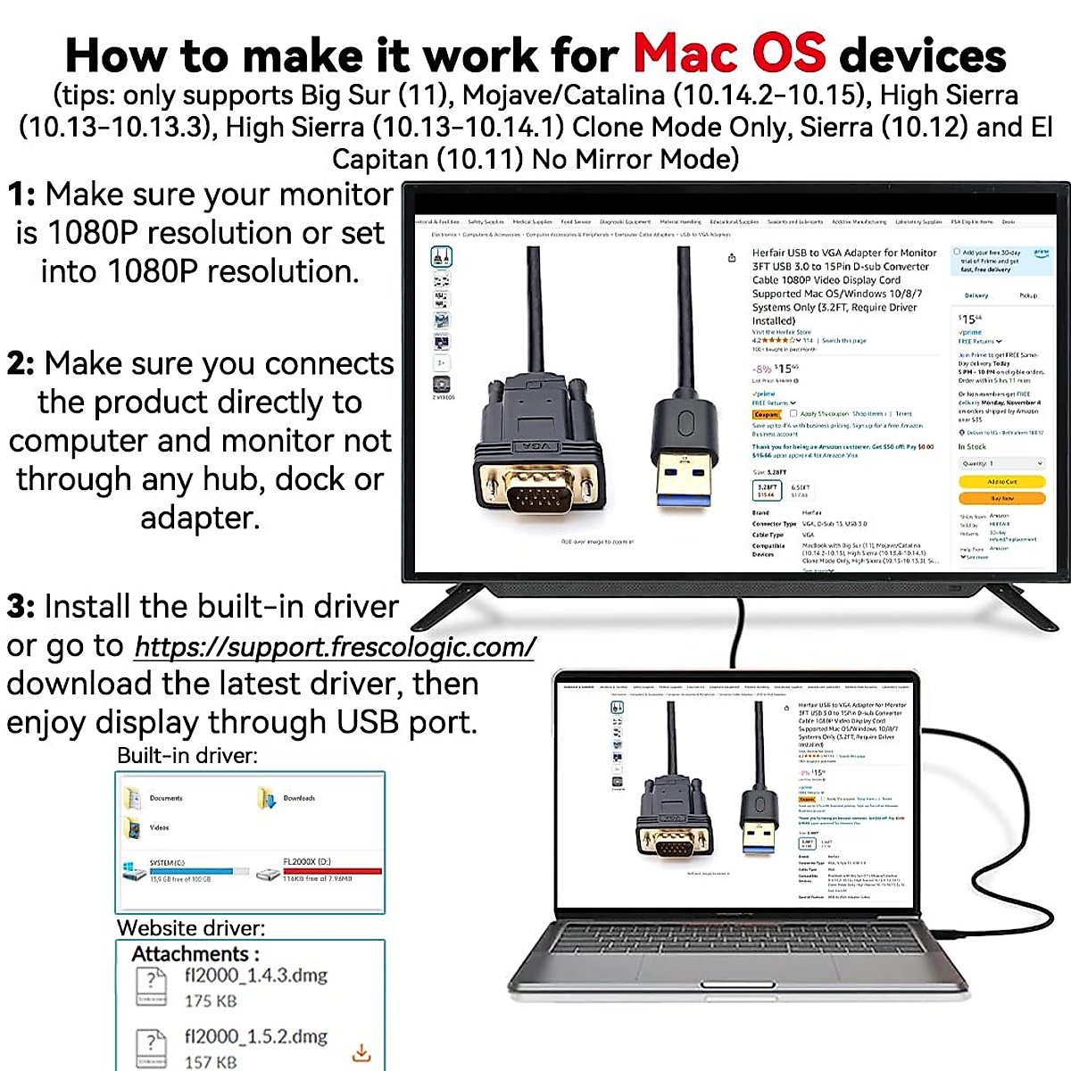 Herfair USB to VGA Adapter for Monitor 3FT USB 3.0 to 15Pin D-sub Converter Cable 1080P Video Display Cord Supported Mac OS/Windows 10/8/7 Systems Only (3.2FT, Require Driver Installed)