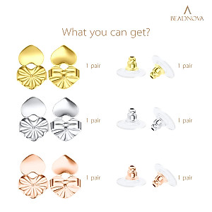 BEADNOVA Magic Earring Lifter Earring Back For Droopy Earring Bullet Clutch With Pad for Heavy Earring (Heart Style, 3 Colors Mix - Gold Plated, Silver, Rose Gold)