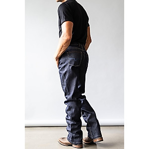 Kimes Ranch Men's Raw Dillon Mid-Low Rise Relaxed Upper Thigh Wide Bootcut Hand-Sanded Integrated Knife Pocket Jean 35W/34L Blue