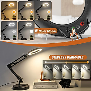 Veemagni 10X Magnifying Glass with Light, 5 Color Modes Stepless Dimmable 2-in-1 Desk Lamp and Clamp, LED Lighted Magnifier with Light and Stand, Hands Free for Craft Repair Hobby Painting Close Work