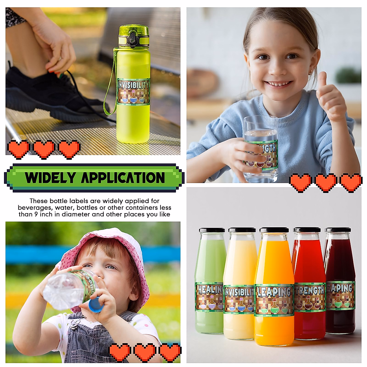48 Pieces Pixel Waterproof Bottle Labels Miner Bottle Labels Party Decorations Potions Bottle Pixel Themed Birthday Party Supplies for Kids Boys Girls Video Game Pixel Style Birthday Party Favors