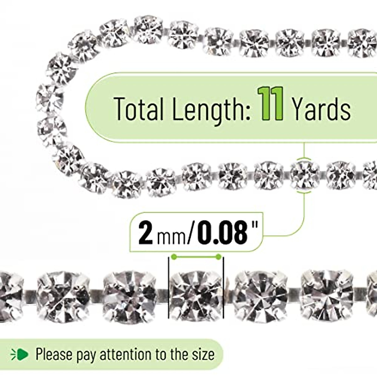 Mr. Pen- Crystal Rhinestone Close Chain, 1 Roll 11 Yard, 2mm Rhinestones, Silver Rhinestones for Jewelry, Rhinestone Chain for Crafts, Roll of Rhinestones for Crafts, Crystal Rhinestone Chain Trim.