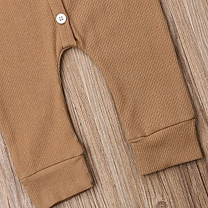 Kuriozud Newborn Infant Unisex Baby Boy Girl Long Sleeve Button Solid Knitted Romper Bodysuit One Piece Jumpsuit Summer Outfits Clothes (Long Sleeve Jumpsuit Brown, 0-3 Months)