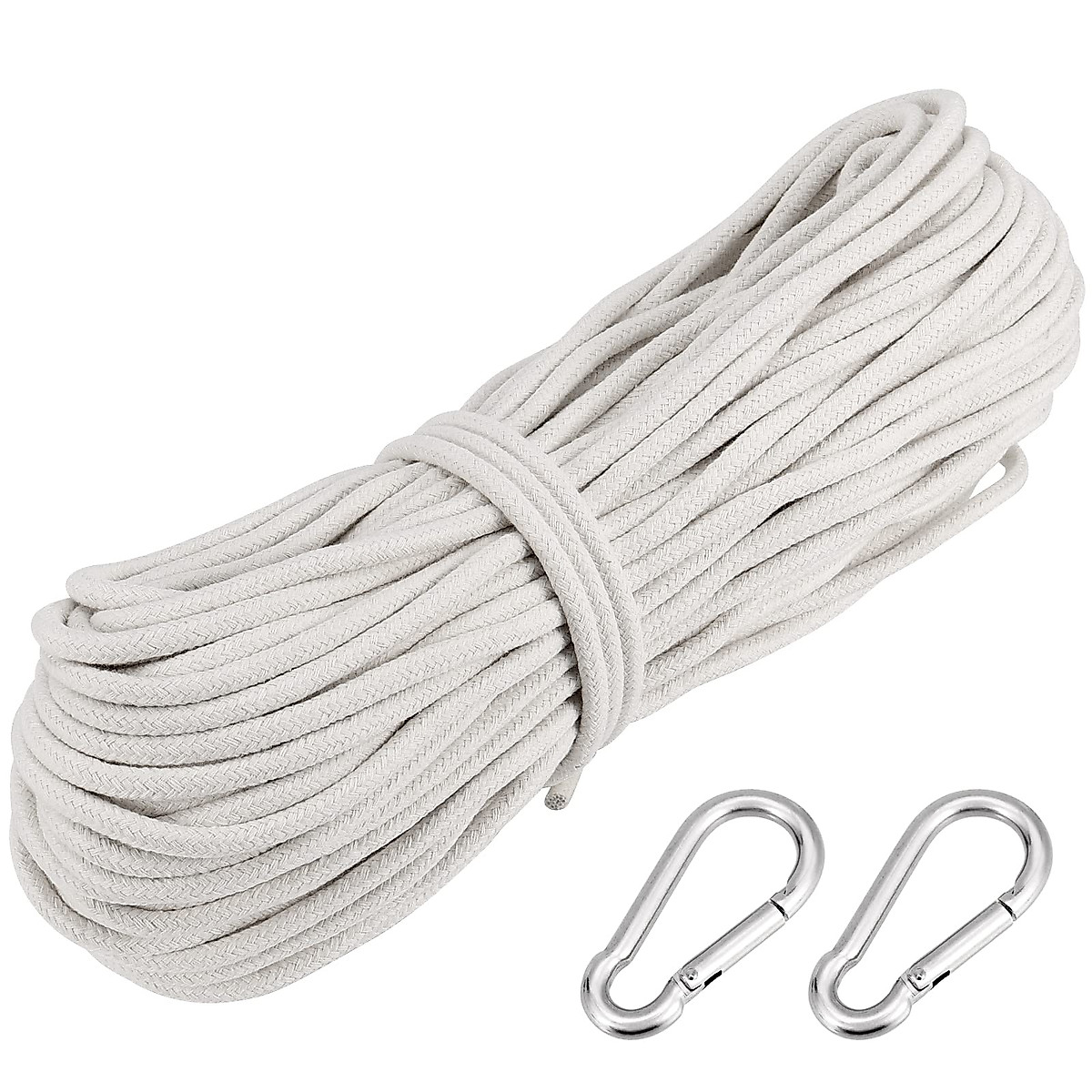 SINJEUN 1/4 Inch White Natural Cotton Rope, 328 Ft Cotton Clothesline with 2 Snap Hooks, All Purpose Braided Cotton Rope for Clothes Hanger Garden Flower, Craft Knitting Thread String