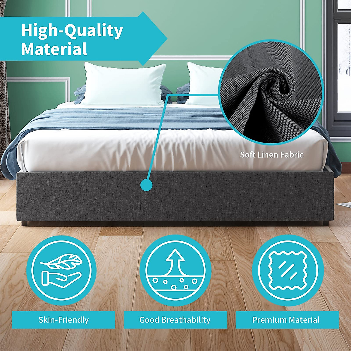 CECER Bed Frame with 4 Storage Drawers, Cotton Linen King Size Platform Bed Frame with Wood Slat Support/No Box Spring Needed/Easy Assembly/Under Bed Storage, King Size, Dark Grey