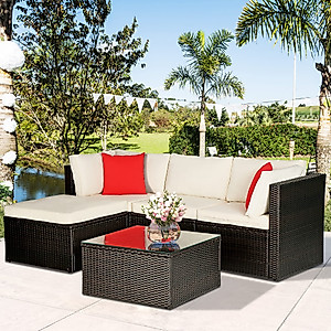 5 Pieces Patio Furniture Outdoor Wicker Sectional Patio Rattan Chair Conversation Backyard Lawn Porch Poolside Balcony Garden Sofa Set with Glass Coffee Table, Brown