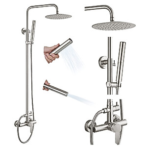 gotonovo Outdoor Shower Faucet Sets Brushed Nickel 304 Stainless Steel Shower Head with 2 in 1 Cylinder Handheld Spray 2 Function Exposed Shower Combo Set Wall Mount Single Handle
