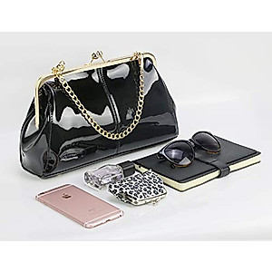 Vintage Kiss Lock Handbags Shiny Patent Leather Evening Shoulder Tote Bags with Chain Strap (Black)