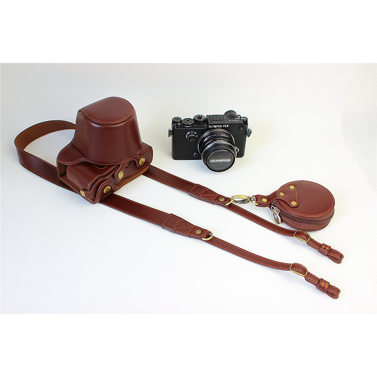 Olympus Pen-F Case, BolinUS Handmade Genuine Real Leather Fullbody Camera Case Bag Cover for Olympus Pen-F Bottom Opening Version with Neck Strap - Brown