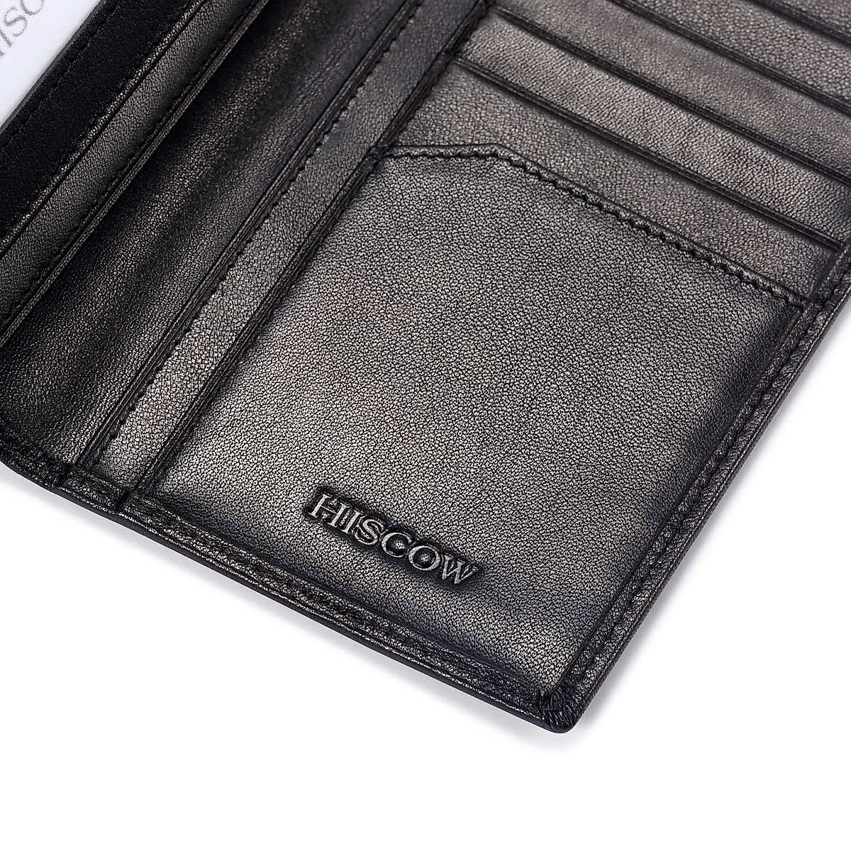 HISCOW Slim Leather Long Wallet for Men & Women, Italian Calfskin, Breast Pocket Wallet for Checkbook, Credit Cards (Black)