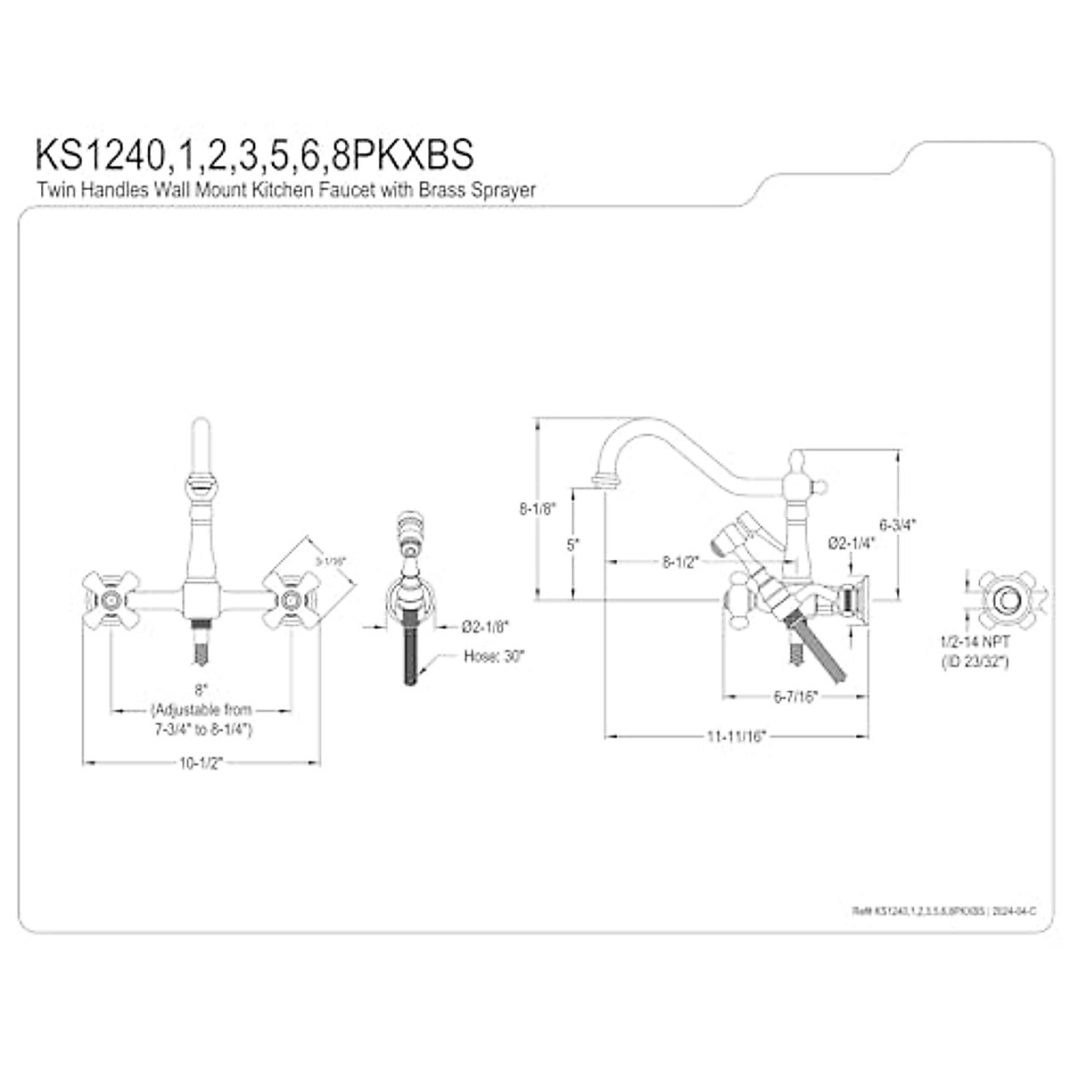 Kingston Brass KS1241PKXBS Duchess Wall Mount Bridge Kitchen Faucet with Brass Spray, Polished Chrome, 8-1/2 inch in Spout Reach