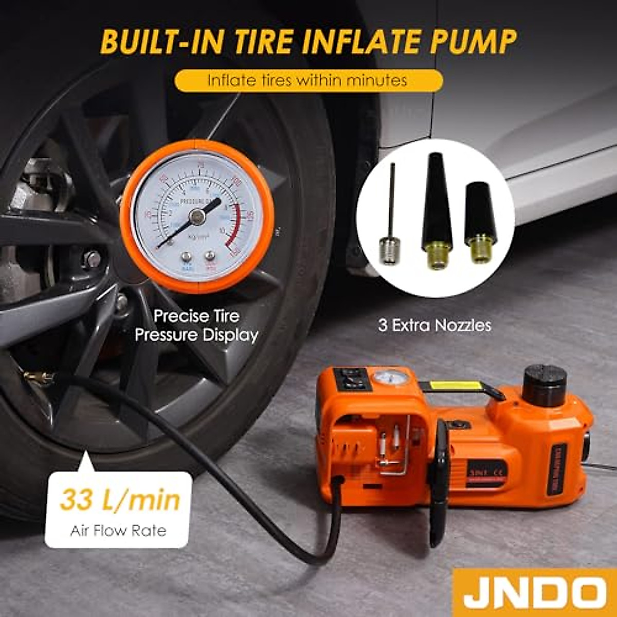 JNDO Electric Car Jack Kit 5 Ton Lifting Range 6.1 to 17.7 Inch Car Jack Hydraulic with Electric Wrench Floor Jack Built-in Inflatable Pump and Led Light Red