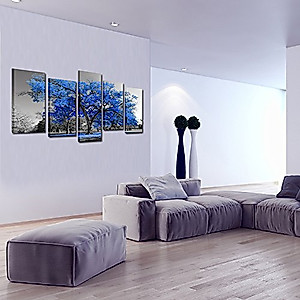 Kreative Arts Canvas Print Wall Art Painting Contemporary Blue Tree In Black And White Style Fall Landscape Picture Modern Giclee Stretched And Framed Artwork (Large Size 60x32inch)