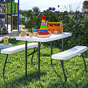 DWVO 37" Picnic Table, Folding Picnic Tables for Outdoors with Weather Resistant Resin Tabletop & Stable Steel Frame for Yard Patio Lawn Party, White