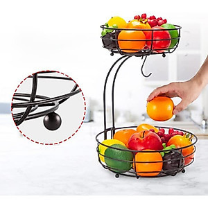 VANDHOME 2-Tier Countertop Fruit Vegetables Baske Iron With Banana Hanger, Metal Wire Vegetable Produce Storage Baskets for Kitchen, Fruits Stand Holder Organizer for Bread Snack Veggies, Black