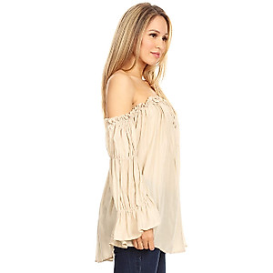 Anna-Kaci Womens Semi Sheer Boho Peasant Long Sleeve Off The Shoulder Top, Beige, XX-Large