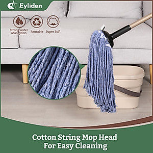 Eyliden String Mop with 2 Reusable Heads, Non-Touch Replacement Mops for Floor Cleaning, 4 Scouring Pads Adjustable Handle Floor Mop, Wet and Dry Cotton Mop for Any Surfaces, Commercial Home, Blue