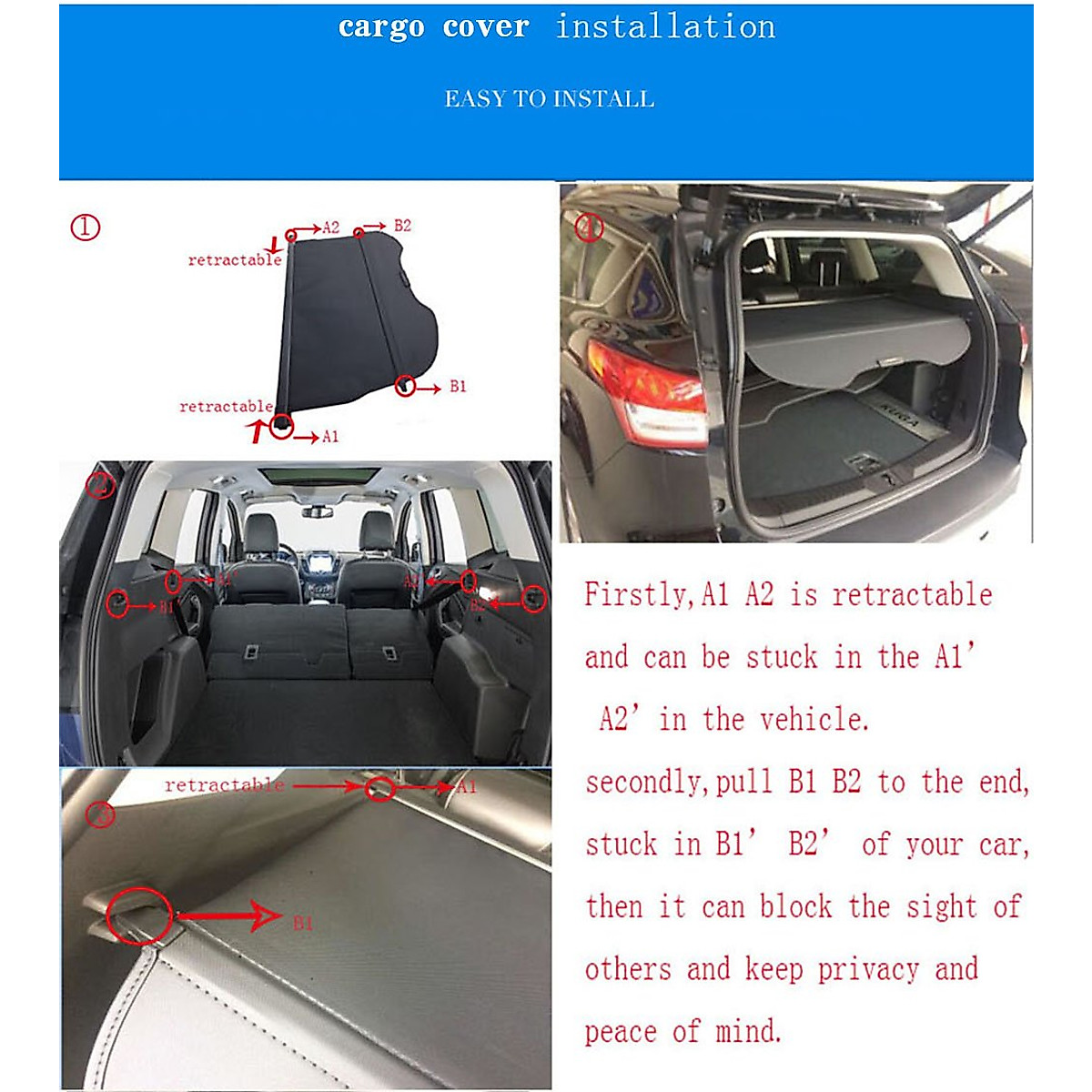 kongka Cargo Cover for 13-17 Ford Escape Cargo Cover Black Trunk Shielding Shade
