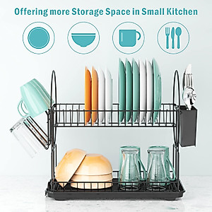 iSPECLE Dish Drying Rack, Small Dish Drainers for Kitchen Counter 2 Tier Dish Rack with Cup Holder Utensil Holder and Drainboard Set, Black