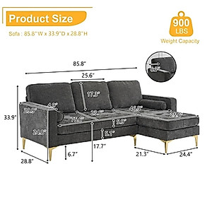 FANCUF Modular 3-Seater Sofa with Footstool Chenille Rhombus Electroplated Golden Tripod Legs, Drak Gray, for Living Room